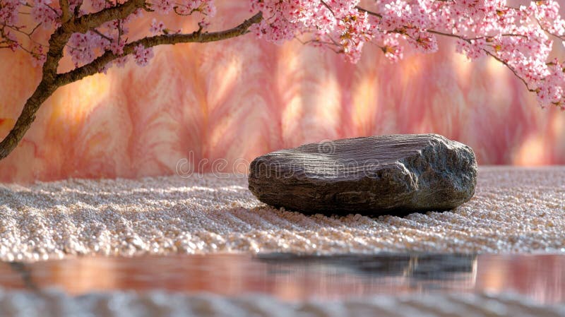 Serene Zen Rock Garden with Sakura Tree and Stone in Tranquil Setting ...