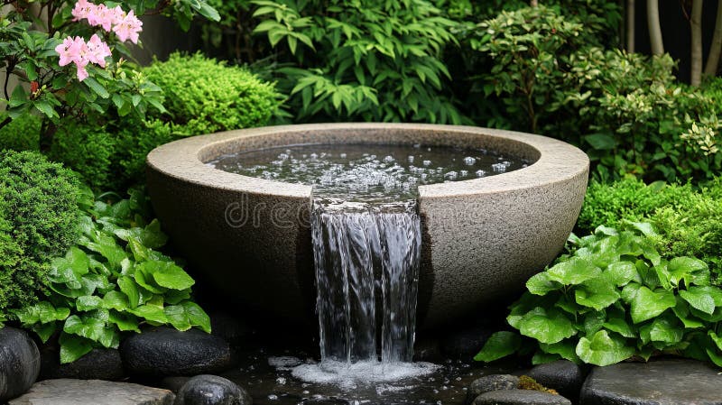 A Serene Zen Waterfall Cascading into a Stone Basin in a Tranquil Stock ...