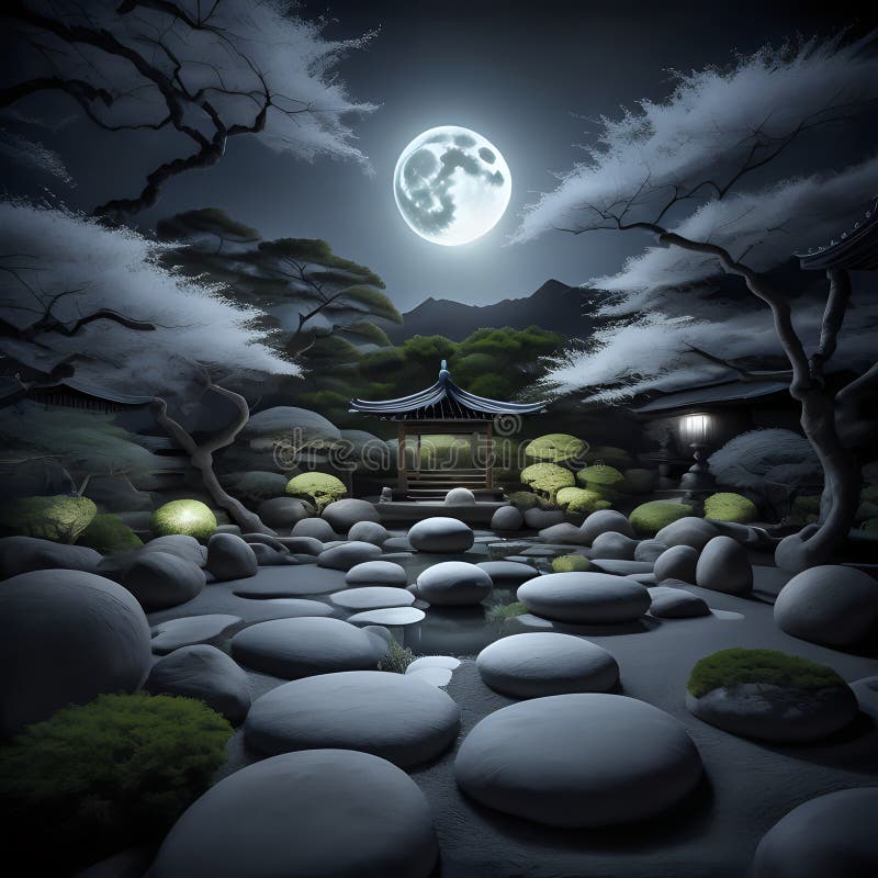 Serene Zend Garden, Mystical Moonlit Landscape - Generated by Ai Stock ...
