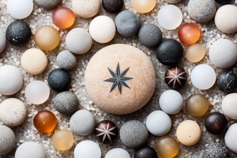 Serenely Designed Zen Rock Garden with Circular Patterns on White Sand ...