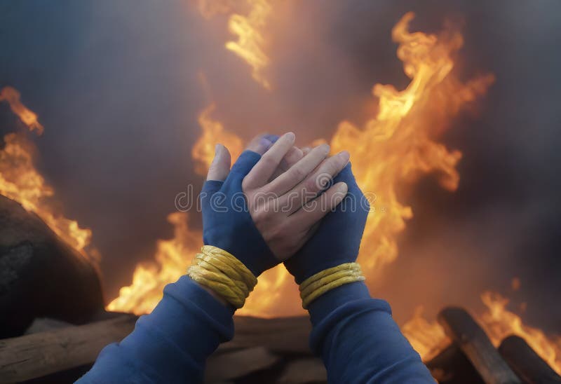 Serenity Amidst Flames: Bound Hands Surrender Stock Photo - Image of ...