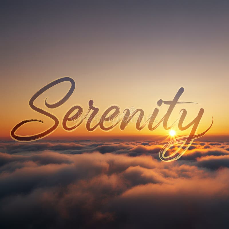 Serenity in Elegant Script with Sunrise and Clouds Typography Design ...