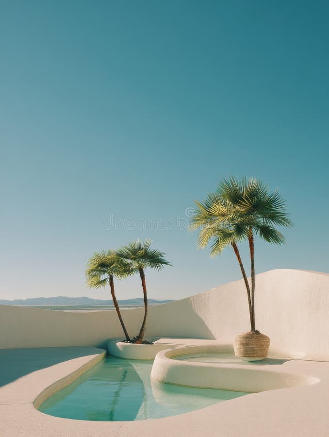 Serenity of a Minimal Desert Oasis with Tiny Palm Trees Under a Bright Blue Sky Generative AI ...