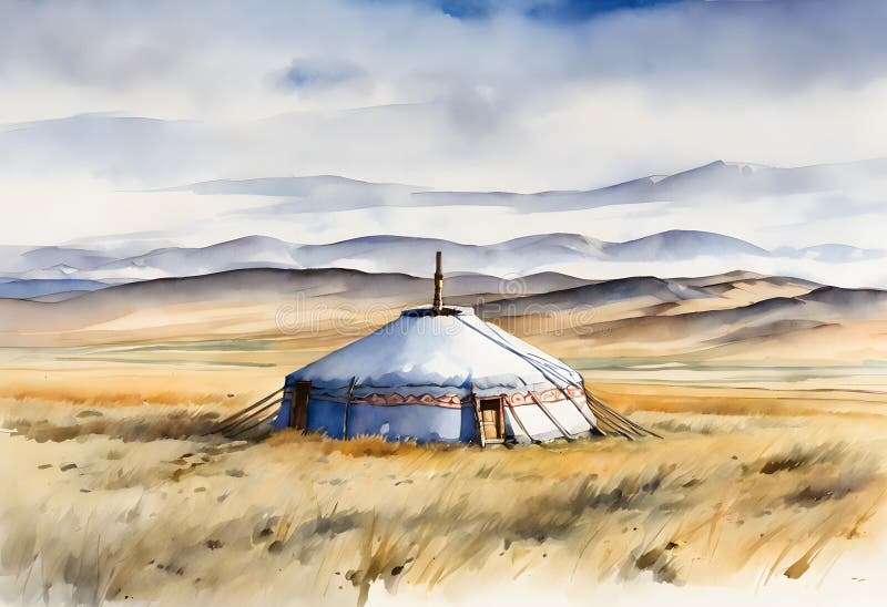 Ai Watercolor Serenity in the Mongolian Steppes: a Watercolor of a ...