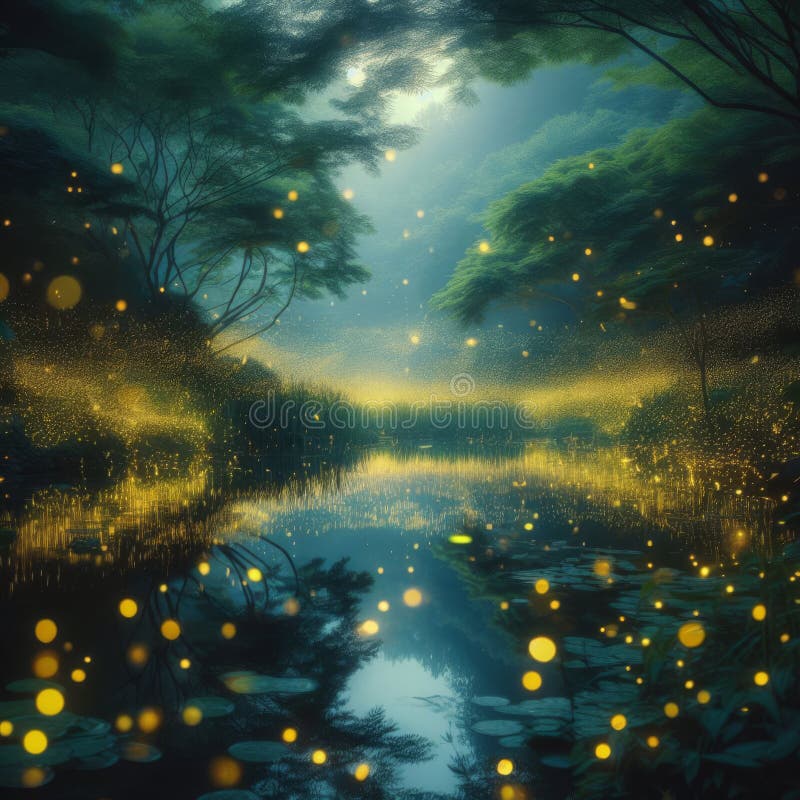 Fireflies Buzz Around a Moonlit Pond Stock Illustration - Illustration ...