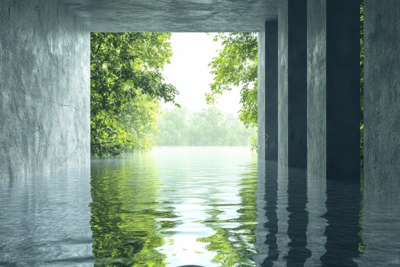 Serenity of Nature Reflected in Calm Water at an Abandoned Structure ...