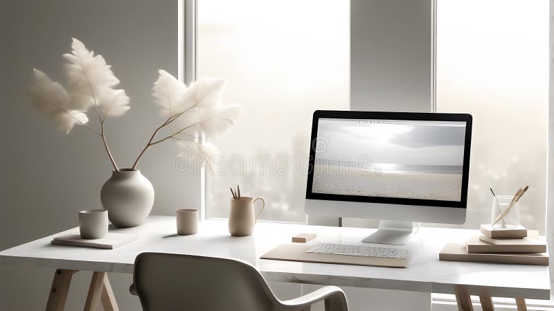 Serenity at Work: Minimalist Workspace in Stone Gray, Cloud White, and ...