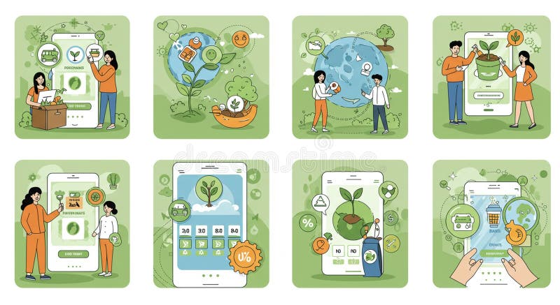 A Series of AI-generated Illustrations Depicting Eco-friendly Technology and Stock Illustration ...
