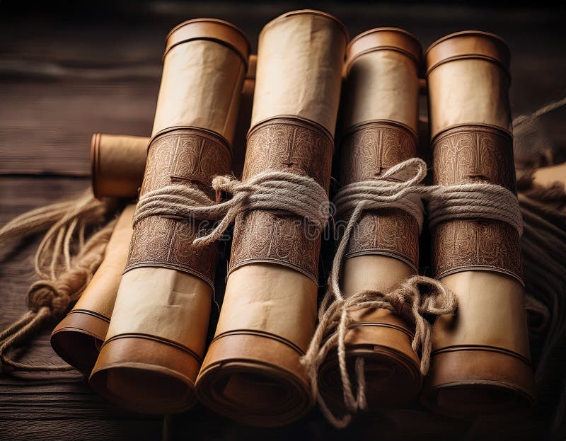 A Series of Ancient Scrolls or Parchment Tied with String Stock ...