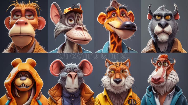 A Series of Animated Animal Heads with Different Expressions, AI Stock ...
