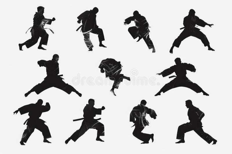 A Series of Black Silhouettes Showcasing Individuals Practicing Karate ...
