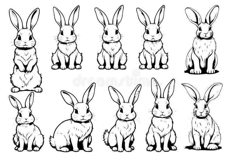 A Series of Black and White Drawings of Rabbits in Various Poses Stock ...