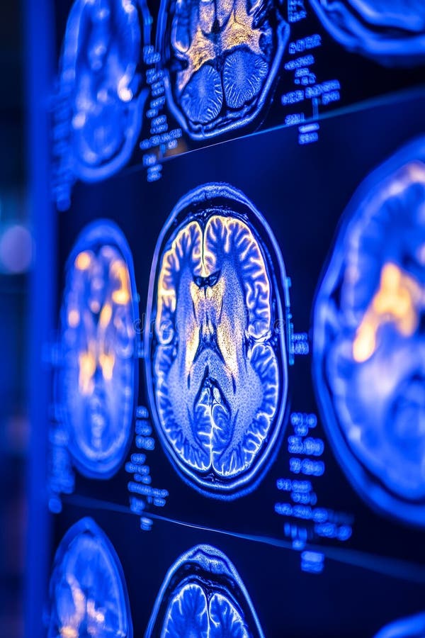 Series of Brain MRI Scans Illuminated in Neon Blue, Highlighting ...
