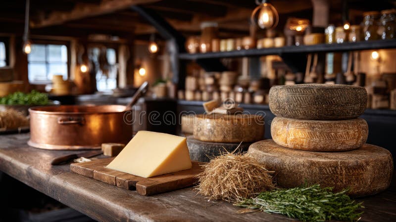 Traditional Cheesemaking Workshop with Aging Cheese Wheels, Copper Vat ...