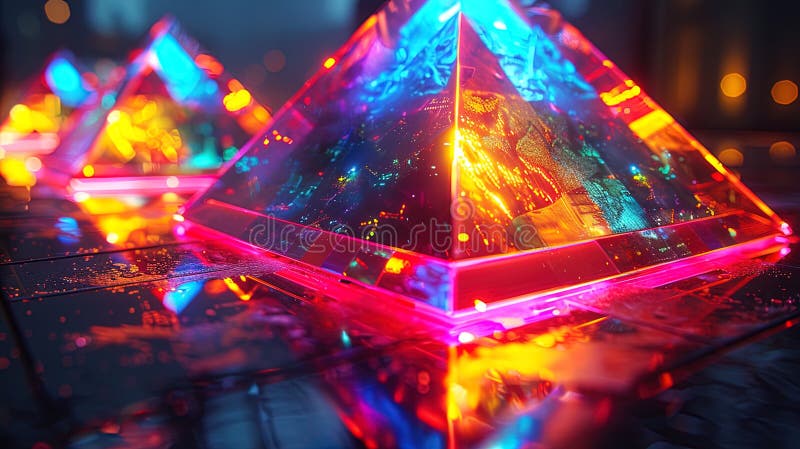 A Series of Colorful Pyramid-shaped Objects are Reflected in a Shiny ...