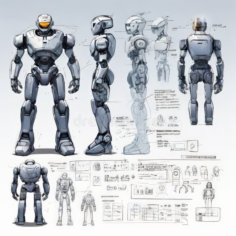 Concept Sketches of Futuristic Robot in Various Angles with Technical ...