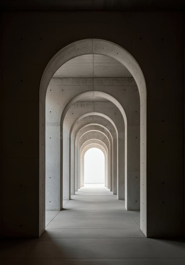 Series of Concrete Arches Leading To a Bright Light at the End Stock ...