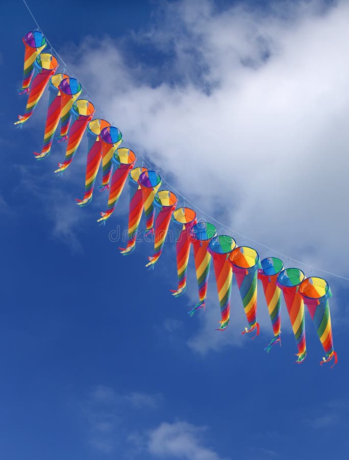 Series of Conical Colorful Kites in Clear Sky Stock Image - Image of ...