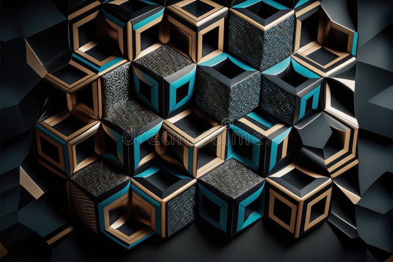 A Series of Cubes with a Black Background and a Blue Center and a Gold ...