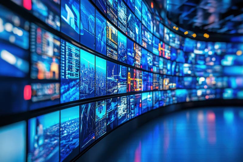 Multiple Digital Screens Displaying Dynamic Content in a Modern Control ...