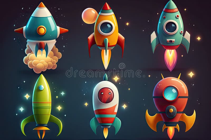 Series of Cute Rockets Starting Up and Flying into the Sky, Each with ...