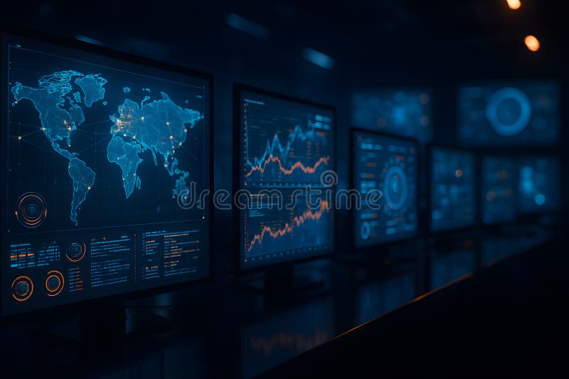 A Series of Dark-lit Monitors Displaying Intricate Data Visualizations Including a World Map ...