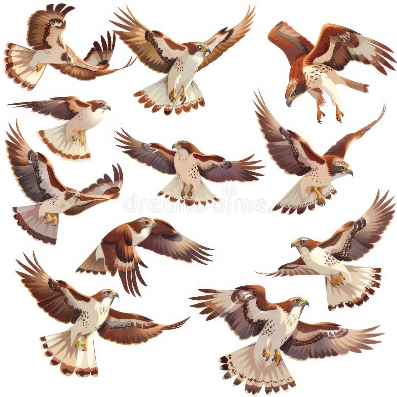 A Series of Detailed Illustrations of Hawks in Various Flying Poses ...