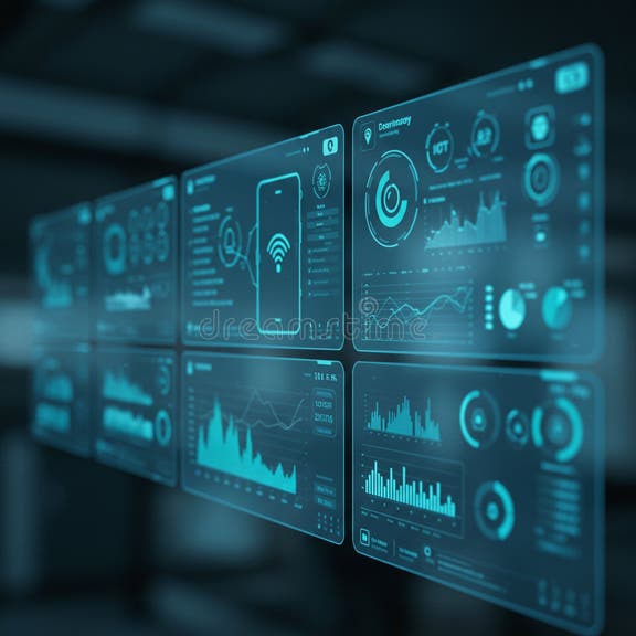 A Series of Digital Screens Display Various Data Visualizations, Including Line Charts, Stock ...