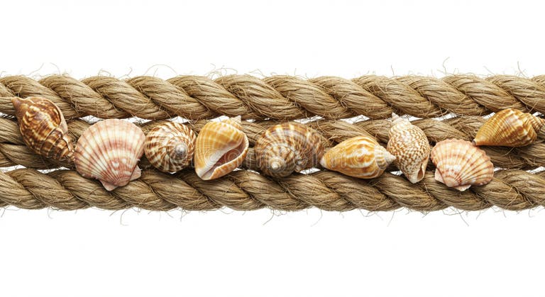 A Series of Diverse Seashells are Aligned on a Thick, Coiled Rope. the ...