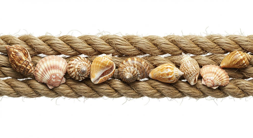 A Series of Diverse Seashells are Aligned on a Thick, Coiled Rope. the ...