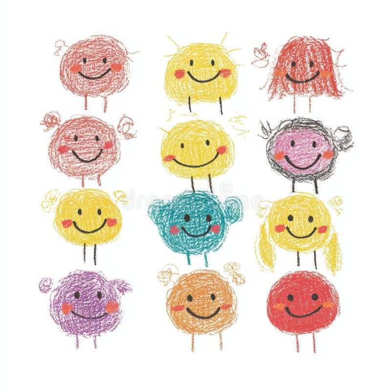 Cheerful Doodle Faces, Colorful Crayon Smiles Stock Image - Image of ...