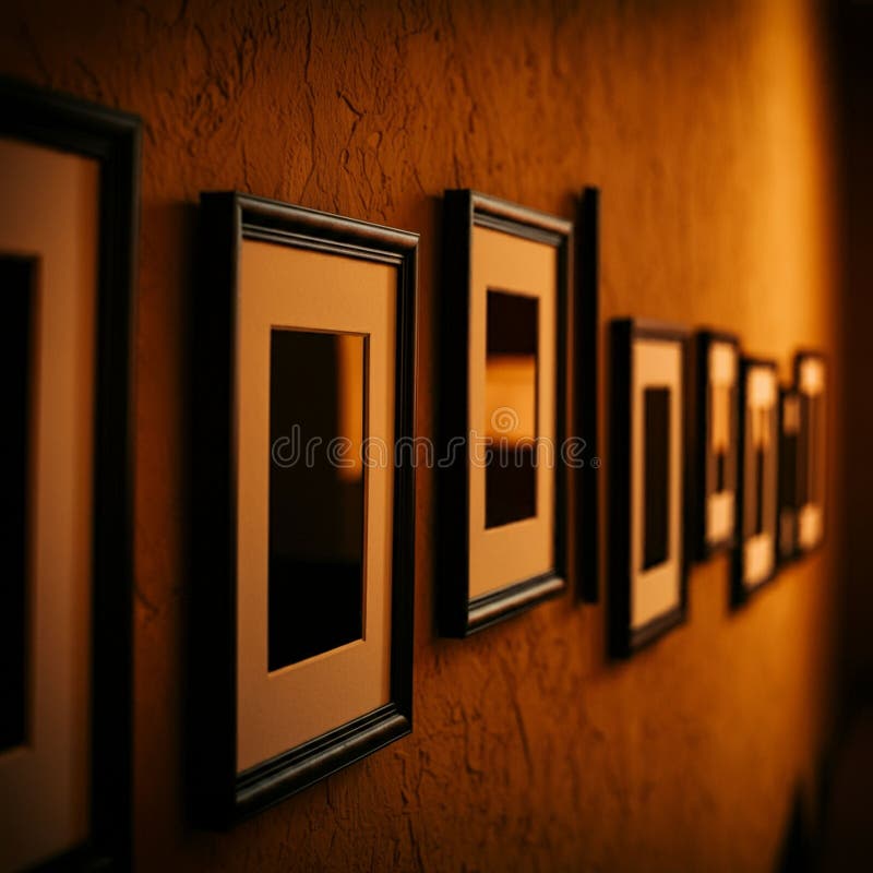 A Series of Empty Picture Frames Line a Textured Wall, Illuminated by ...