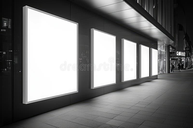 A Series of Empty White Lightboxes Line a Modern Storefront, White ...