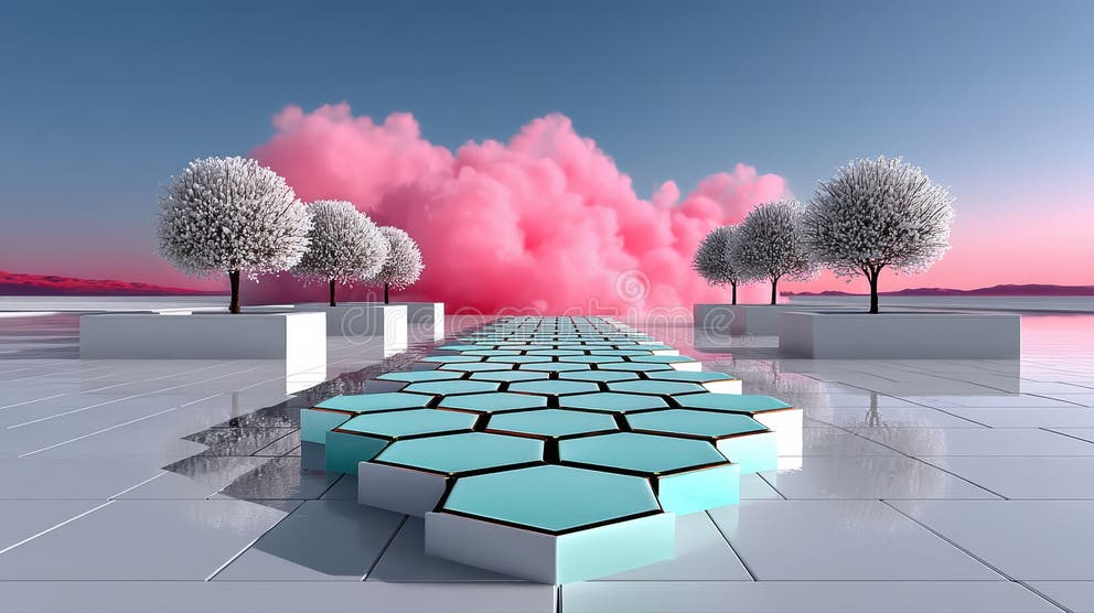 High-Key Desolate Hex-Grid Desert with Blurred Pink Sky Stock ...