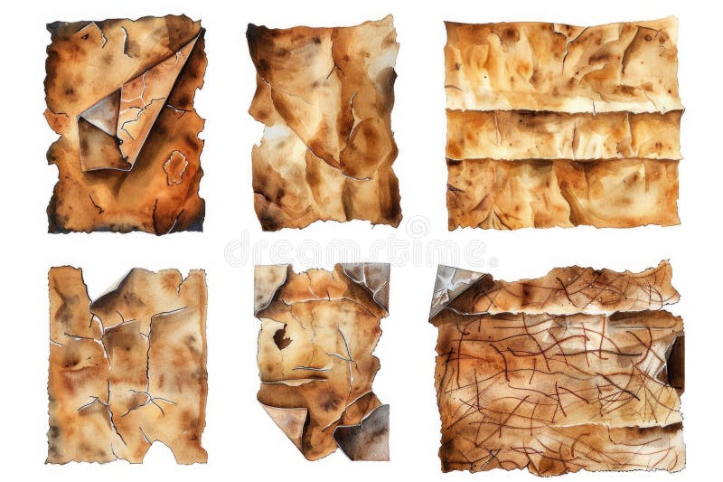 A Series of Four Worn-out Paper Sheets with Yellowed Edges and Creased ...