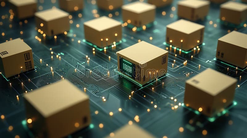 Futuristic Boxes with Glowing Lights on Circuit Board Stock ...