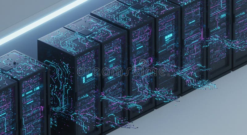A Series of Futuristic Computer Server Racks Interconnected by Glowing ...