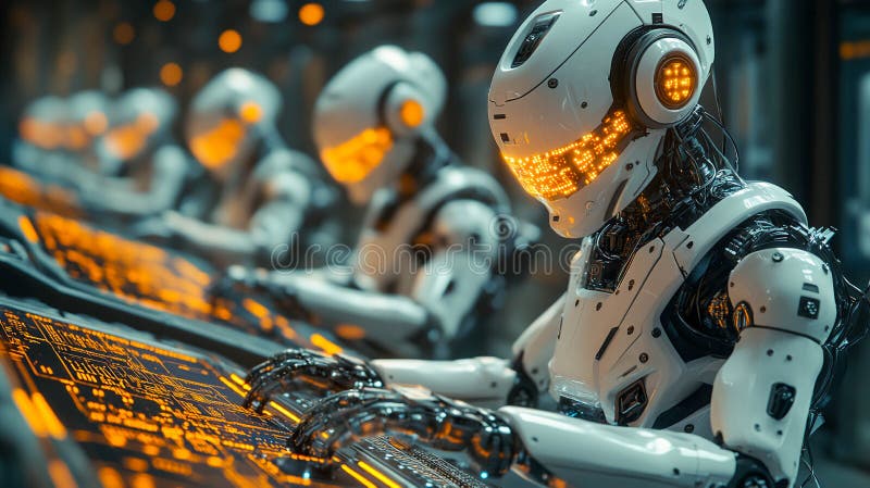 A Series of Futuristic Robots, Androids, Working at a Table, Which ...