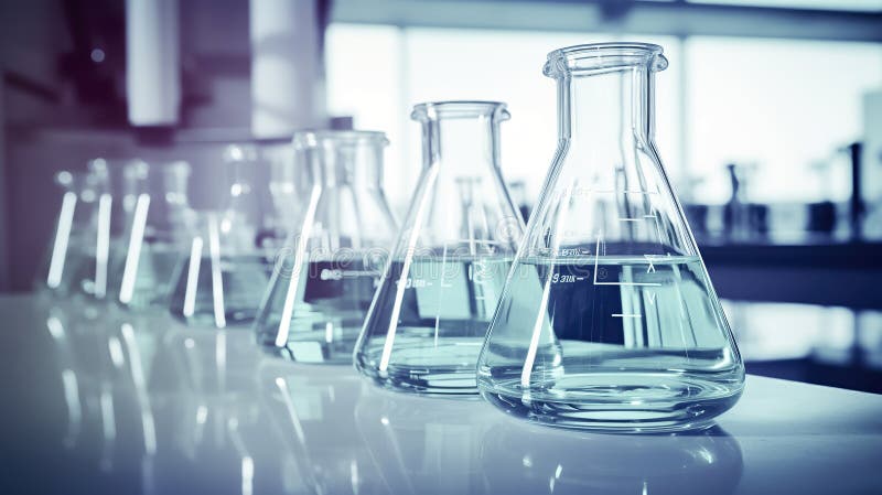 A Series of Glass Erlenmeyer Flasks with Liquid, Aligned on a ...