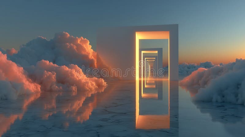 View through Surreal Tunnel of Glowing Floating Doors. Generated Using ...