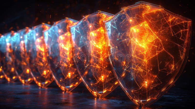 Colorful and Glowing Shields Lined Up in a Digital Atmosphere during a ...