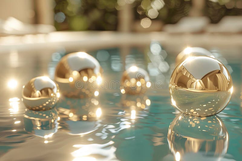 A Series of Gold Colored Balls are Floating in a Pool of Water Stock ...