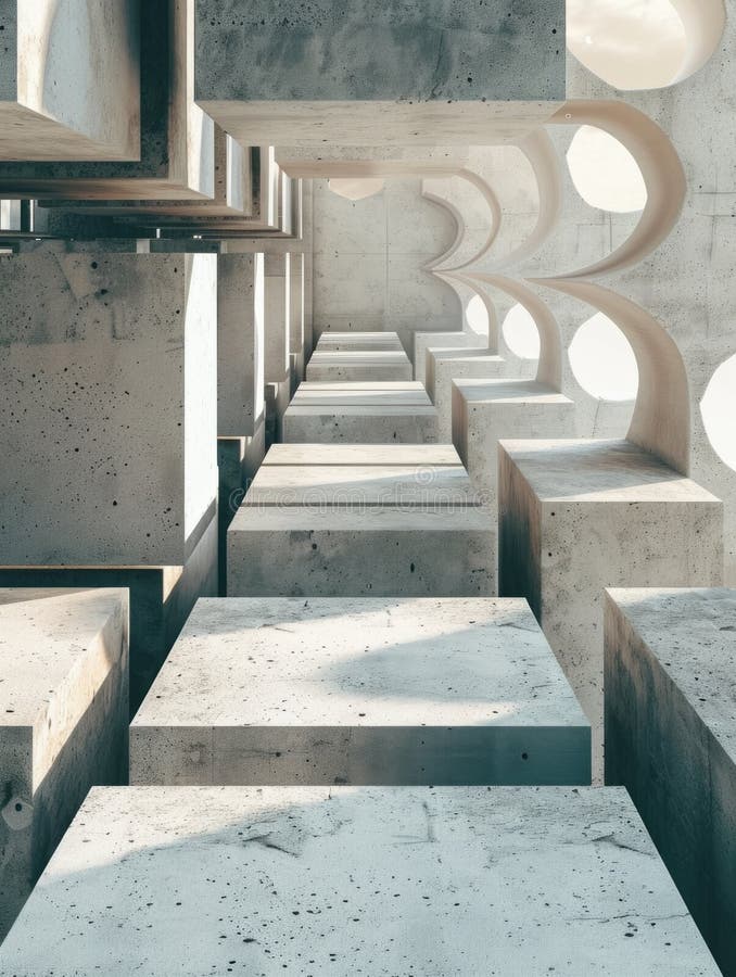 A Series of Gray Concrete Blocks are Arranged in a Long Hallway Stock ...