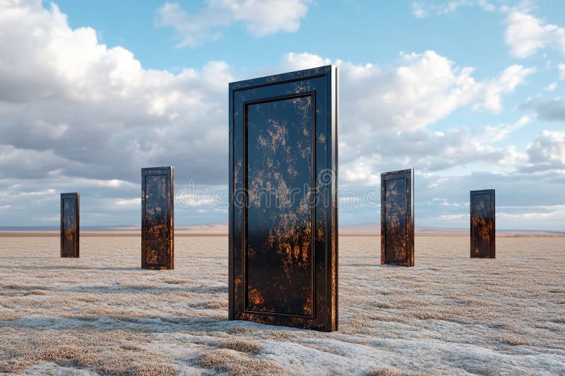 A Series of Identical Doors Stands in a Vast, Desolate Field Under a ...