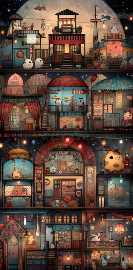 A Series of Illustrations of a Building with a Full Moon in the ...