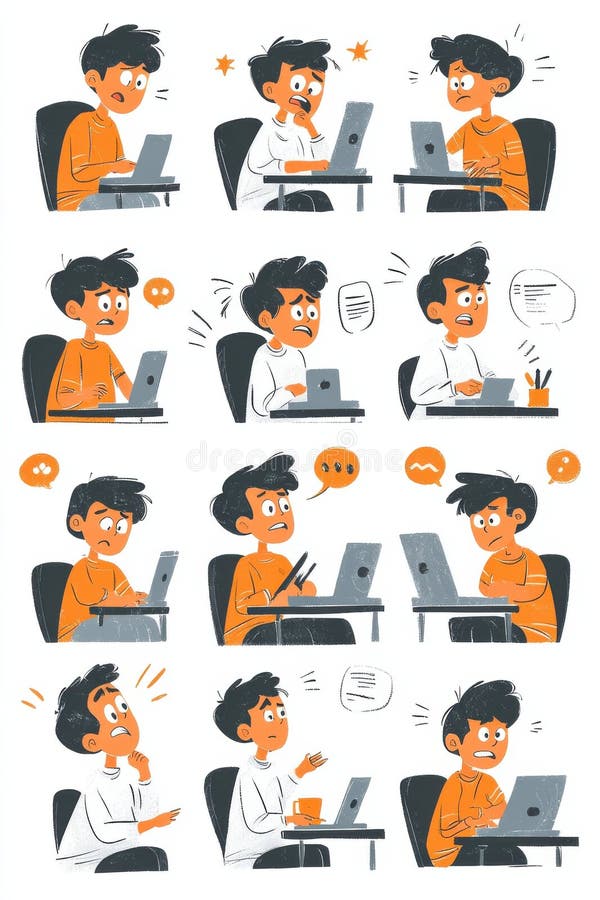 Animated Characters Showing Various Emotions while Using a Laptop Stock ...