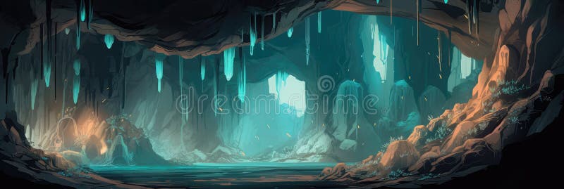A Series of Interconnected Caves with Glowing Crystals Panoramic ...