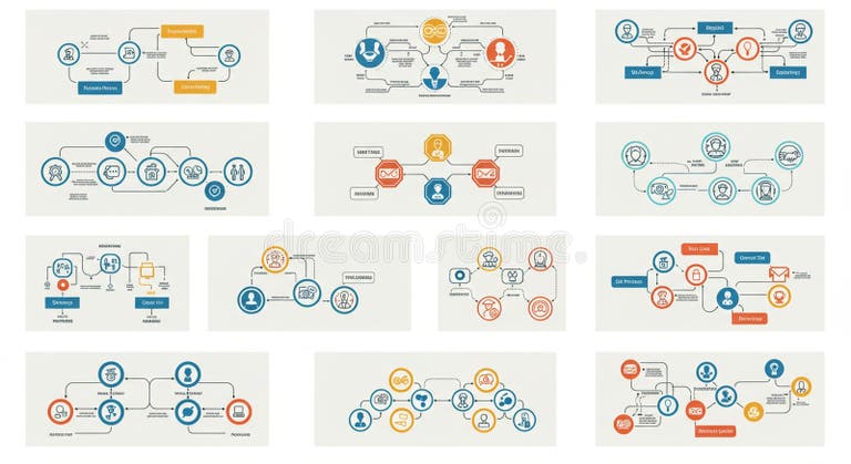 A Series of Interconnected Flowcharts Featuring Simplistic Icons and ...