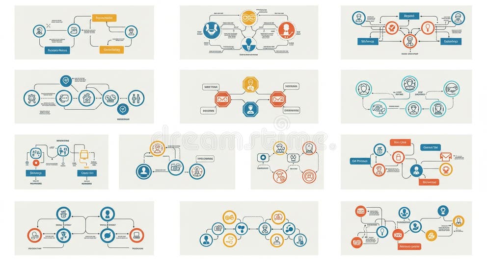 A Series of Interconnected Flowcharts Featuring Simplistic Icons and ...