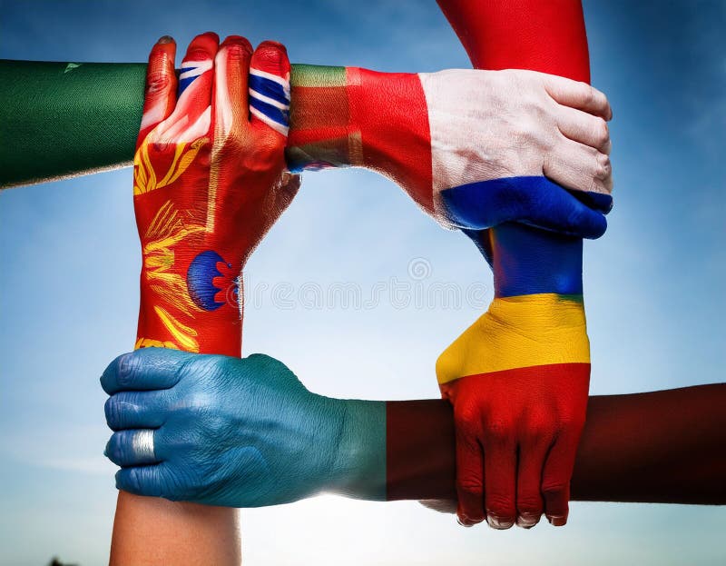 A Series of Interconnected Hands, Painted with National Flags, Forming ...